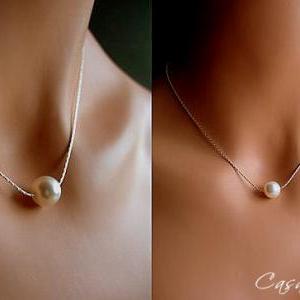 Floating Pearl Necklace In Silver Chain With 10mm Cream Swarovski ...